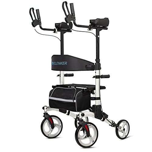 ELENKER Upright Walker, Stand Up Folding Rollator Walker with 10” Front Wheels Backrest Seat and ...