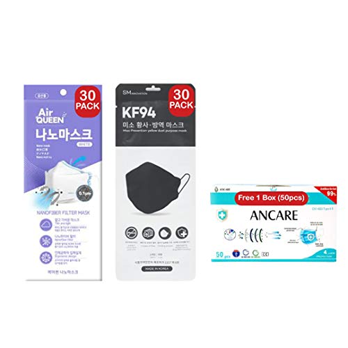 [60pack+50pcs] 30 pack Air Queen Nano Mask White 3-Layer Face Safety ...