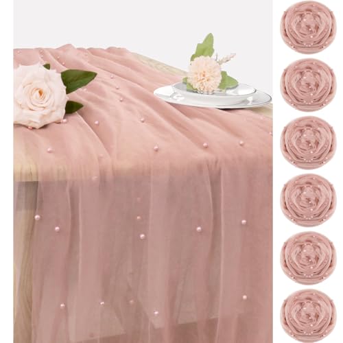 Set of 6 Pearl Table Runner 29 x 120 Inch Dusty Pink Tulle Fabric Lace ...