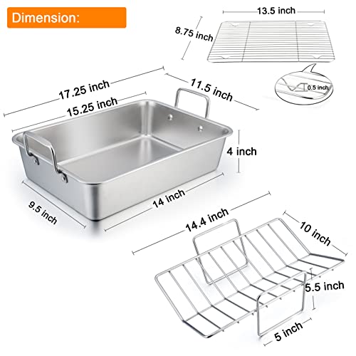 TeamFar Roasting Pan, 15 Inch Large Turkey Roaster Lasagna Pan with V Rack & Cooling Rack Set ...