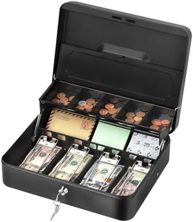 UOMIO Black Cash Box Lockable Money Tin Coin and Note Security Box with ...