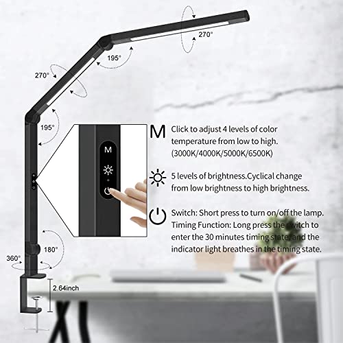 Micomlan Led Desk Lamp with Clamp, Dual Light Source Eye-Care Swing Arm ...