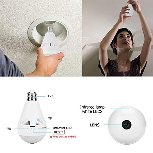 Wireless Hidden Light Bulb Camera, VR 360 Panoramic 1536P WiFi Light ...