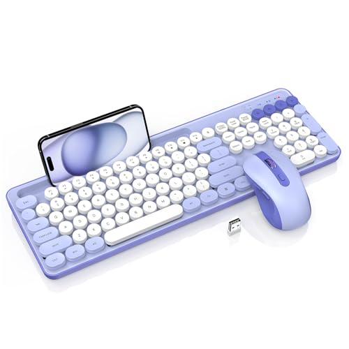 Wireless Keyboard And Mouse Combo Retro Round Keycaps Cute Full Size Typewriter Keyboard With