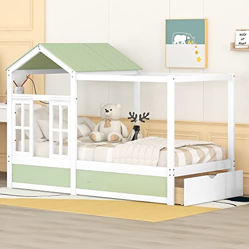 Twin Size House Beds with Storage Drawers Wood Tree House Bed Frame for ...