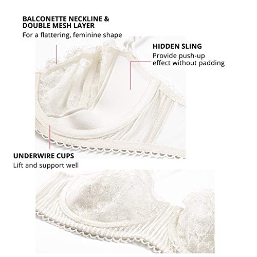 DOBREVA Women's Sexy Lace Push Up Plus Size Bra Sheer Balconette Underwire Unlined Ivory_Eyelash ...