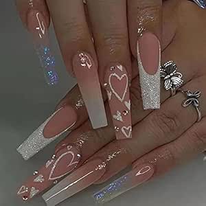 Amazon.com: Kamize French Press on Nails Coffin Long Fake Heart Nails ...