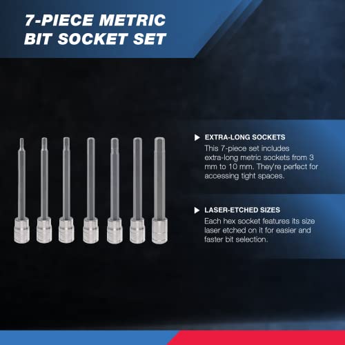 NEIKO 10077A 3/8” Drive Metric Extra Long Allen Hex Bit Socket Set | 10 Pieces | Sizes 3mm ...