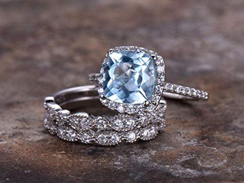 Amazon.com: 3pcs blue topaz wedding ring set!8mm Cushion Engagement ...