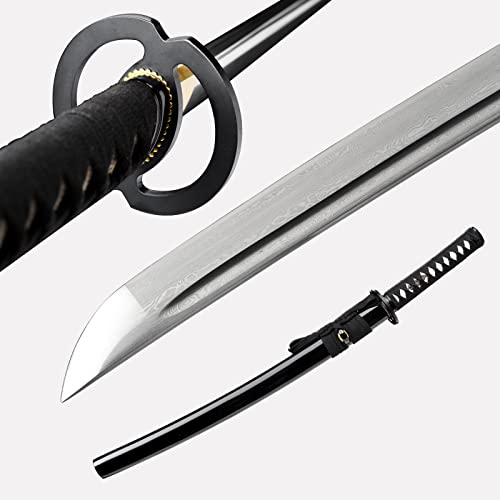 YJ COOL Black Wakizashi Damascus Folded Steel Japanese Samurai Sword ...