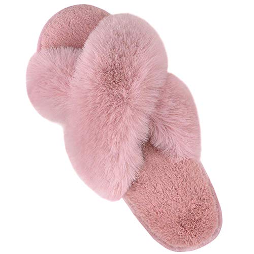 Women's Cross Band Slippers Soft Plush Furry Breathable Open Toe House Shoes Indoor Outdoor ...