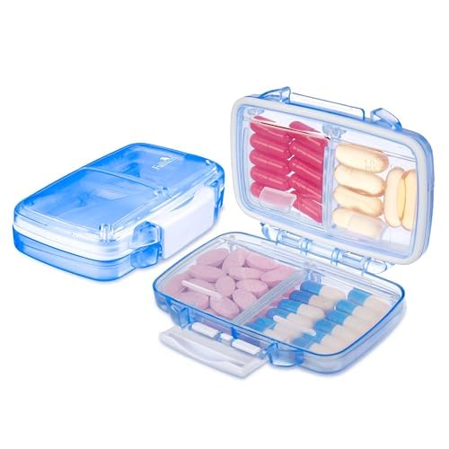 Fullicon 2 Pack Travel Pill Organizer, 4 Compartments Portable Pill Case, Moisture Proof Small ...