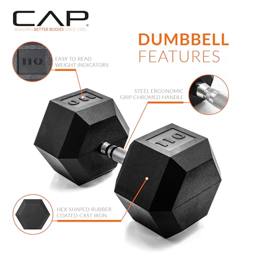 CAP Barbell Cap 110 LB Coated Hex Dumbbell Weight, New Edition, Black ...