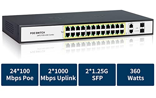 STEAMEMO 28 Port PoE Switch, 24 PoE+ Port@ 360W, 2 Gigabit Uplink, 2*1G ...