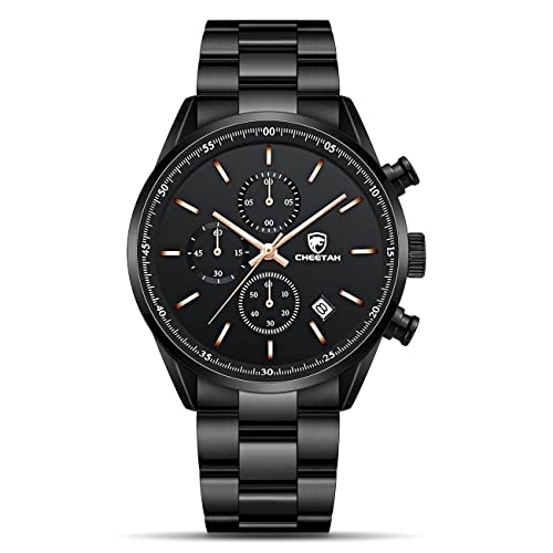 CHEETAH Watches for Men Black Stainless Steel Waterproof Chronograph ...