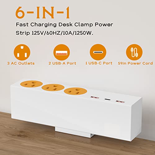 Desktop Clamp Power Strip with USB C, Desk Power Strip Outlet with 3 AC ...