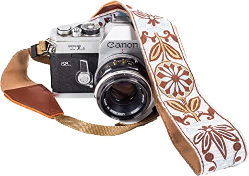 Cintura cinturino fotocamera vintage tessuto bianco per tutte le fotocamere DSLR. Ricamato Elegante
