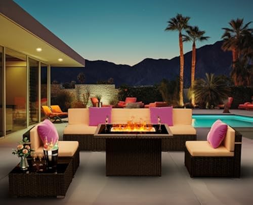 Yoyomax 8-Piece Patio Furniture Set with Gas Fire Pit Table, Hand Weave ...