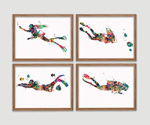 Amazon.com: Scuba Diving Girl Watercolor Poster Set Scuba Diver Room ...