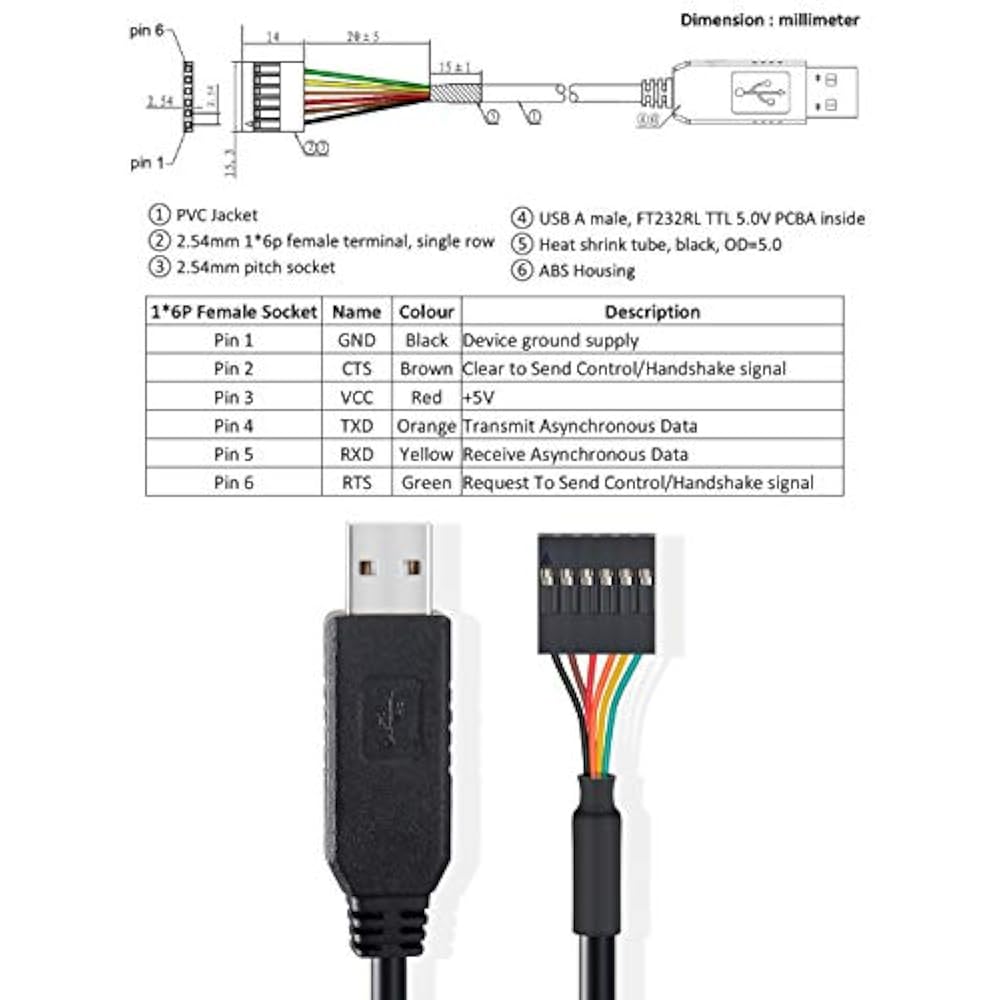 DTECH FTDI USB To TTL Serial 5V Adapter Cable 6 Pin 0.1 Inch Pitch ...