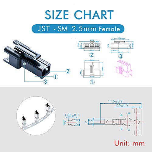 CQRobot 50 Sets / 300 Pieces 2.5mm Pitch JST SM 2-Pin JST Connector Kit. 2.5mm Pitch Male and ...