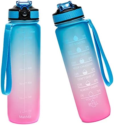 Water Bottle 1L with Time Marker Straw Strainer Tritan BPA Free for Fitness Gym Outdoor Sports ...