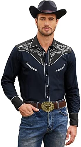 COOFANDY Men's Western Cowboy Embroidered Long Sleeve Button Down Shirt, Cotton - Navy Blue ...