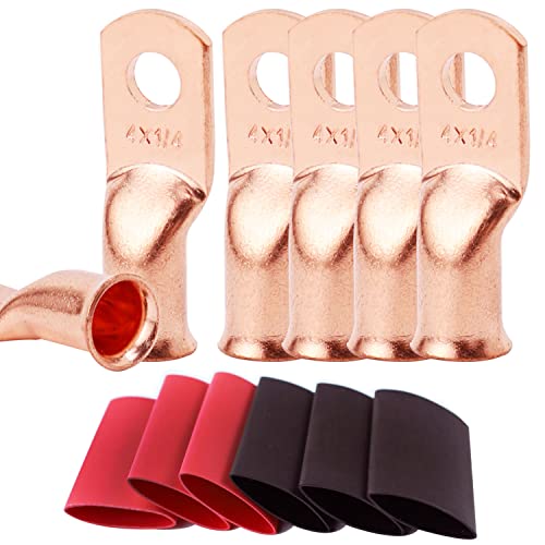 TKDMR 6pcs 4 AWG-1/4" Battery Lugs,with 6pcs 3:1 Heat Shrink Tubing ...