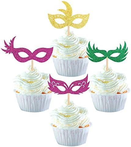 SYKYCTCY 24 Pack Masquerade Masks Cupcake Toppers Glitter Bachelorette ...