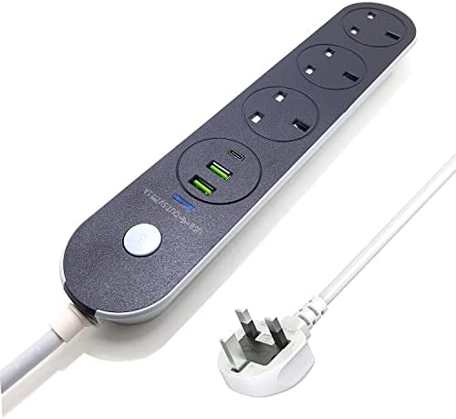 Power Extension Cord, 3 meter Power Strip with 2 USB 1 PD Type C & 3 UK ...