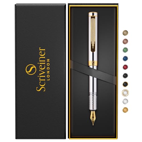 Scriveiner Silver Chrome Fountain Pen (Fine), Award Winning, Heavy ...