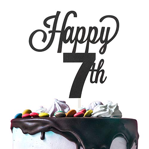 LINGTEER Happy 7th Birthday Black Cake Topper - Cheers to 7th Birthday ...