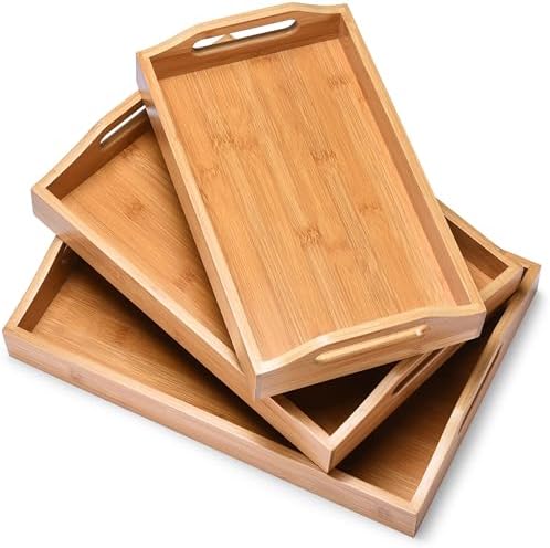 Prosumer's Choice Bamboo Serving Tray with Handles - Set of 3 Coffee ...