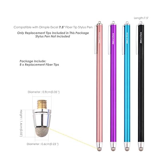 DIMPLES EXCEL Stylus Replacement Thin Fiber Tips for 7.5″ Stylus Pen – 8 Pack (Replacement Tips ...