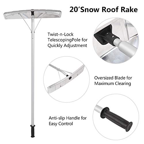TUFFIOM Roof Rake for Snow Removal, 5-20FT Aluminum Extendable Snow ...