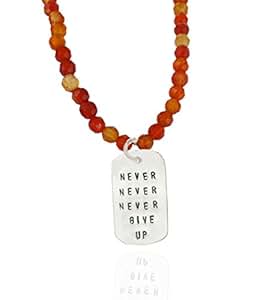 Sterling Silver Never Give Up Dog Tag Inspirational Carnelian Necklace ...