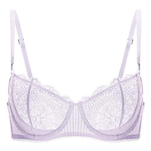 DOBREVA Women's Sexy Lace Push Up Plus Size Bra Sheer Balconette Underwire Unlined Lilac_Eyelash ...