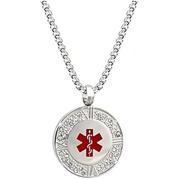 Amazon.com: Stainless Steel Crystal Medical Alert ID Necklace for Women ...