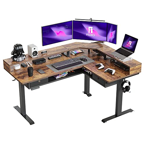 FEZIBO 63" L Shaped Standing Desk with LED Strip, Electric Triple Motor ...