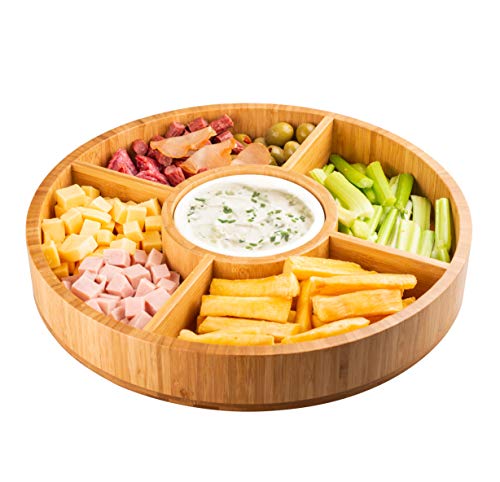 Strova 15 Inch Wood Bamboo Chip and Dip Serving Platter Set w/Ceramic ...