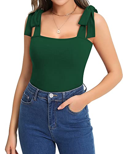 MANGOPOP Women's Square Neck Sleeveless Tank Tops Tie Shoulder Bodysuits Jumpsuits Clubwear, L ...
