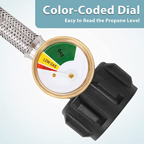 SHINESTAR RV Propane Hose with Gauge for Camper, 12 Inch Braided Propane Pigtail for Dual Stage ...