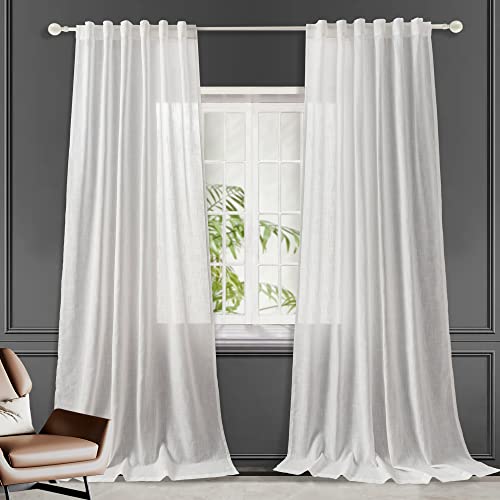 Hoydumuia White Linen Curtains 63 Inch Long Back Tab Loop Pocket Drape ...