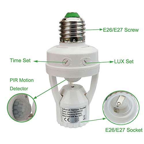 Motion Sensor Light Socket,E26/E27 PIR Motion Screw Bulb Adapter, Auto ...