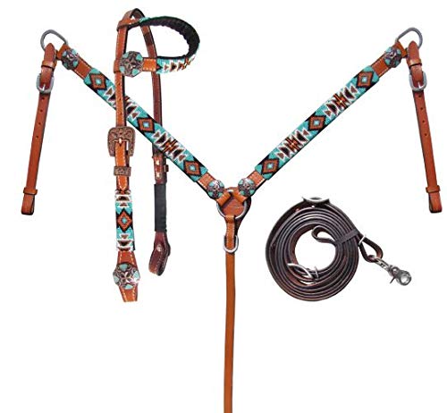 Showman Turquoise & Orange Beaded Aztec Leather Headstall & Breast ...