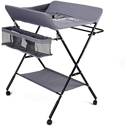 Baby Folding Changing Table with Wheels, Adjustable Height Folding ...