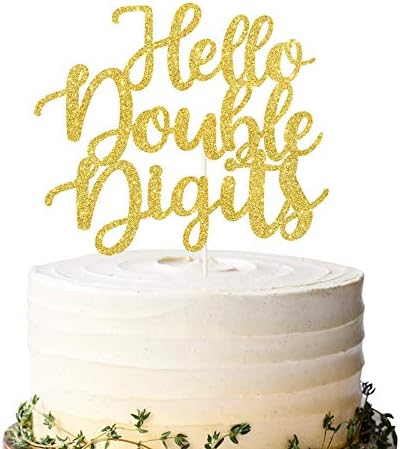 Gold Glitter Hello Double Digits Cake Topper, 10 Years Old Cake Topper ...