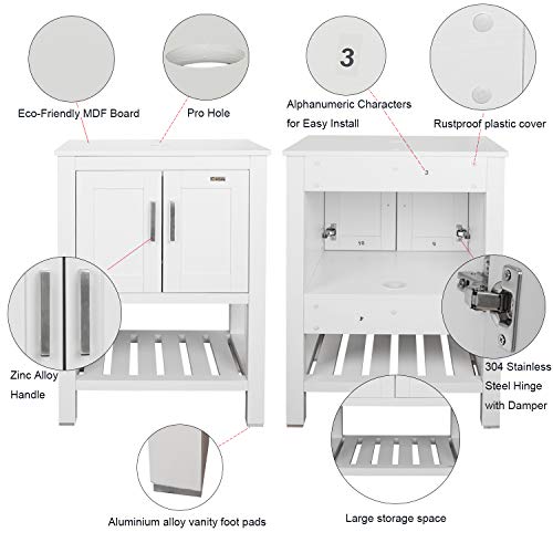 eclife 24” White Bathroom Vanity Sink Combo Cabinet Modern Stand Pedestal W/Round White Ceramic ...