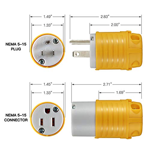 Miady Extension Cord Ends Male and Female, 15 Amp 125 Volt Heavy Duty Replacement Plug ...