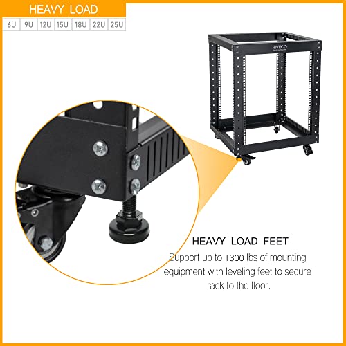 RIVECO 9U Open Frame Server Rack with Casters- Heavy Duty 4 Post Quick ...